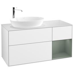Villeroy & Boch Villeroy und Boch Finion Waschtischunterschrank F931GMGF 120cm, Abdeckplatte white matt, Regale Olive matt lacquer, Glossy white lacquer