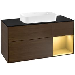 Villeroy & Boch Villeroy und Boch Finion Waschtischunterschrank G302HFGN 120cm, Abdeckplatte black matt, Emotion, Regal rechts Gold matt, Walnut veneer