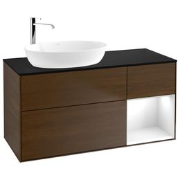 Villeroy & Boch Villeroy und Boch Finion Waschtischunterschrank F932GFGN 120cm, Abdeckplatte black matt, Regale Glossy white lacquer, Walnut veneer