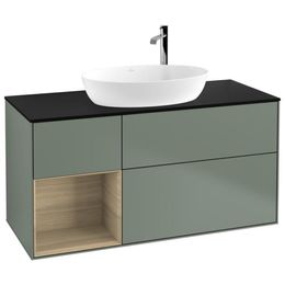 Villeroy & Boch Villeroy und Boch Finion Waschtischunterschrank F942PCGM 120cm, Abdeckplatte black matt, Regale Oak Veneer, Olive Matt Lacquer