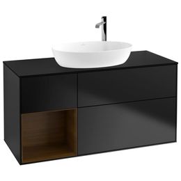 Villeroy & Boch Villeroy und Boch Finion Waschtischunterschrank F942GNPD 120cm, Abdeckplatte black matt, Regale Walnut Veneer, Black matt lacquer