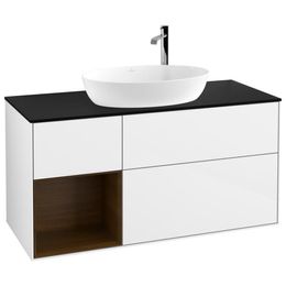 Villeroy & Boch Villeroy und Boch Finion Waschtischunterschrank F942GNGF 120cm, Abdeckplatte black matt, Regale Walnut Veneer, Glossy white lacquer