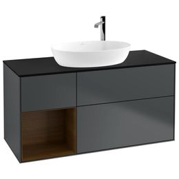 Villeroy & Boch Villeroy und Boch Finion Waschtischunterschrank F942GNHG 120cm, Abdeckplatte black matt, Regale Walnut Veneer, Midnight Blue Matt Lacquer