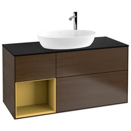 Villeroy & Boch Villeroy und Boch Finion Waschtischunterschrank F942HFGN 120cm, Abdeckplatte black matt, Regale Gold matt lacquer, Walnut veneer