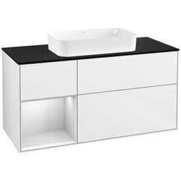 Villeroy & Boch Villeroy und Boch Finion Waschtischunterschrank G292MTGF 120cm, Abdeckplatte black matt, Emotion, Regal links White matt lacquer, Glossy white lacquer