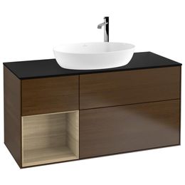 Villeroy & Boch Villeroy und Boch Finion Waschtischunterschrank F942PCGN 120cm, Abdeckplatte black matt, Regale Oak Veneer, Walnut veneer