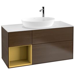 Villeroy & Boch Villeroy und Boch Finion Waschtischunterschrank F941HFGN 120cm, Abdeckplatte white matt, Regale Gold matt lacquer, Walnut veneer