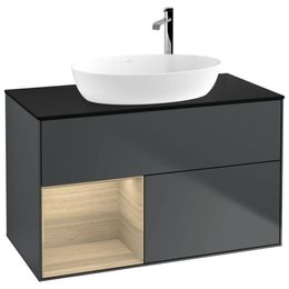 Villeroy & Boch Villeroy und Boch Finion Waschtischunterschrank F892PCHG 100cm, Abdeckplatte black matt, Regale Oak Veneer, Midnight Blue Matt Lacquer