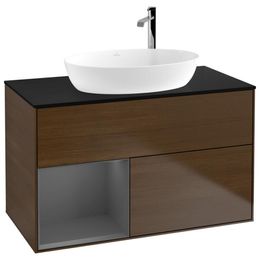 Villeroy & Boch Villeroy und Boch Finion Waschtischunterschrank F892GKGN 100cm, Abdeckplatte black matt, Regale Anthracite matt lacquer, Walnut veneer
