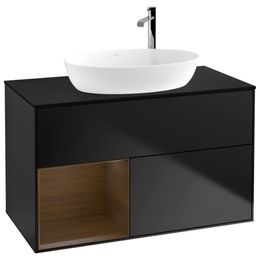 Villeroy & Boch Villeroy und Boch Finion Waschtischunterschrank F892GNPD 100cm, Abdeckplatte black matt, Regale Walnut Veneer, Black matt lacquer
