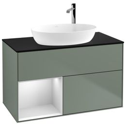 Villeroy & Boch Villeroy und Boch Finion Waschtischunterschrank G892MTGM 100cm, Abdeckplatte black matt, Emotion, Regale White matt lacquer, Olive Matt Lacquer