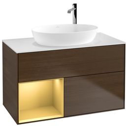 Villeroy & Boch Villeroy und Boch Finion Waschtischunterschrank F891HFGN 100cm, Abdeckplatte white matt, Regale Gold matt lacquer, Walnut veneer