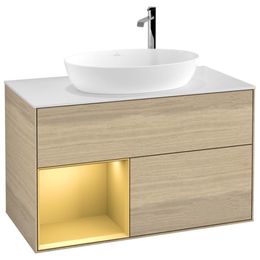 Villeroy & Boch Villeroy und Boch Finion Waschtischunterschrank F891HFPC 100cm, Abdeckplatte white matt, Regale Gold matt lacquer, Oak Veneer