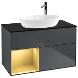Villeroy & Boch Villeroy und Boch Finion Waschtischunterschrank G892HFHG 100cm, Abdeckplatte black matt, Emotion, Regale Gold matt lacquer, Midnight Blue Matt Lacquer