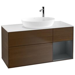 Villeroy & Boch Villeroy und Boch Finion Waschtischunterschrank G951HGGN 120cm, Abdeckplatte white matt, Emotion, Regale Midnight matt lacquer, Walnut veneer