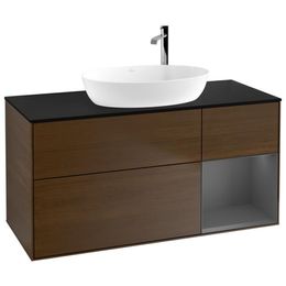 Villeroy & Boch Villeroy und Boch Finion Waschtischunterschrank F952GKGN 120cm, Abdeckplatte black matt, Regale Anthracite matt lacquer, Walnut veneer