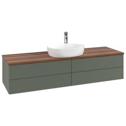 Villeroy & Boch Villeroy und Boch Antao Waschtisch-Unterschrank L25152HL mit Beleuchtung mit Struktur, 160x36x50cm, Hahnlochbohrung, Waschbeckenplattenfarbe warm walnut, leaf green matt lacquer