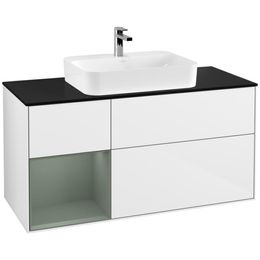 Villeroy & Boch Villeroy und Boch Finion Waschtischunterschrank G412GMGF 120cm, Abdeckplatte black matt, Emotion, Regal links Olive Matt Lacquer, Glossy white lacquer