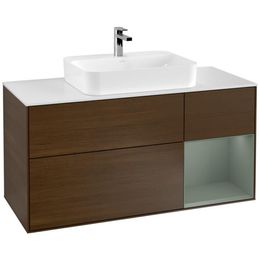 Villeroy & Boch Villeroy und Boch Finion Waschtischunterschrank F421GMGN 120cm, Abdeckplatte white matt, Regal rechts Olive Matt Lacquer, Walnut veneer