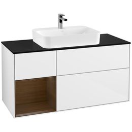 Villeroy & Boch Villeroy und Boch Finion Waschtischunterschrank F412GNGF 120cm, Abdeckplatte black matt, Regal links Walnut veneer, Glossy white lacquer