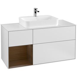 Villeroy & Boch Villeroy und Boch Finion Waschtischunterschrank G411GNMT 120cm, Abdeckplatte white matt, Emotion, Regal links Walnut veneer, White matt lacquer