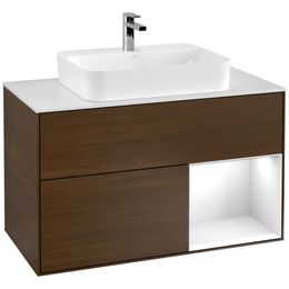 Villeroy & Boch Villeroy und Boch Finion Waschtischunterschrank G371GFGN 100cm, Abdeckplatte white matt, Emotion, Regal rechts Glossy white lacquer, Walnut veneer