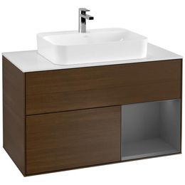 Villeroy & Boch Villeroy und Boch Finion Waschtischunterschrank G371GKGN 100cm, Abdeckplatte white matt, Emotion, Regal rechts Anthracite matt, Walnut veneer