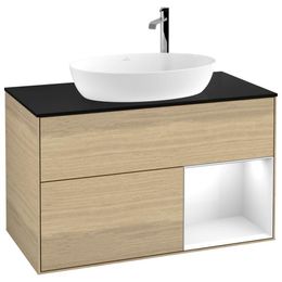 Villeroy & Boch Villeroy und Boch Finion Waschtischunterschrank F902GFPC 100cm, Abdeckplatte black matt, Regale Glossy white lacquer, Oak Veneer