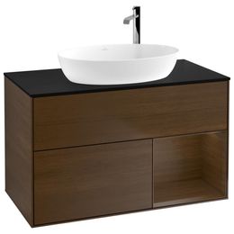 Villeroy & Boch Villeroy und Boch Finion Waschtischunterschrank F902GNGN 100cm, Abdeckplatte black matt, Regale Walnut Veneer, Walnut veneer