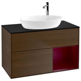 Villeroy & Boch Villeroy und Boch Finion Waschtischunterschrank F902HBGN 100cm, Abdeckplatte black matt, Regale Peony matt lacquer, Walnut veneer