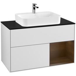 Villeroy & Boch Villeroy und Boch Finion Waschtischunterschrank G372GNMT 100cm, Abdeckplatte black matt, Emotion, Regal rechts Walnut veneer, White matt lacquer
