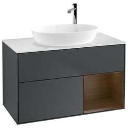Villeroy & Boch Villeroy und Boch Finion Waschtischunterschrank F901GNHG 100cm, Abdeckplatte white matt, Regale Walnut Veneer, Midnight Blue Matt Lacquer