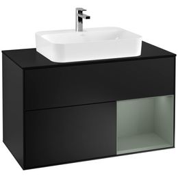 Villeroy & Boch Villeroy und Boch Finion Waschtischunterschrank G372GMPD 100cm, Abdeckplatte black matt, Emotion, Regal rechts Olive Matt Lacquer, Black matt lacquer