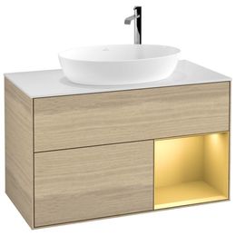Villeroy & Boch Villeroy und Boch Finion Waschtischunterschrank F901HFPC 100cm, Abdeckplatte white matt, Regale Gold matt lacquer, Oak Veneer