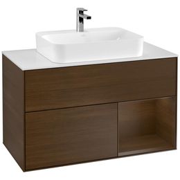 Villeroy & Boch Villeroy und Boch Finion Waschtischunterschrank F371GNGN 100cm, Abdeckplatte white matt, Regal rechts Walnut veneer, Walnut veneer