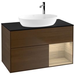 Villeroy & Boch Villeroy und Boch Finion Waschtischunterschrank G902PCGN 100cm, Abdeckplatte black matt, Emotion, Regale Oak Veneer, Walnut veneer