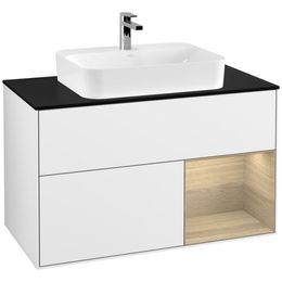Villeroy & Boch Villeroy und Boch Finion Waschtischunterschrank F372PCGF 100cm, Abdeckplatte black matt, Regal rechts Oak Veneer, Glossy white lacquer