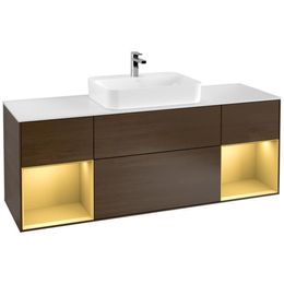 Villeroy & Boch Villeroy und Boch Finion Waschtischunterschrank G451HFGN 160cm, Abdeckplatte white matt, Emotion, Regale Gold matt lacquer, Walnut veneer