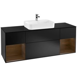 Villeroy & Boch Villeroy und Boch Finion Waschtischunterschrank G452GNPD 160cm, Abdeckplatte black matt, Emotion, Regale Walnut veneer, Black matt lacquer
