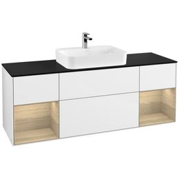 Villeroy & Boch Villeroy und Boch Finion Waschtischunterschrank F452PCGF 160x60,3cm, Abdeckplatte black matt, Regale Oak Veneer, Glossy white lacquer