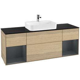 Villeroy & Boch Villeroy und Boch Finion Waschtischunterschrank F452HGPC 160x60,3cm, Abdeckplatte black matt, Regale Midnight matt lacquer, Oak Veneer