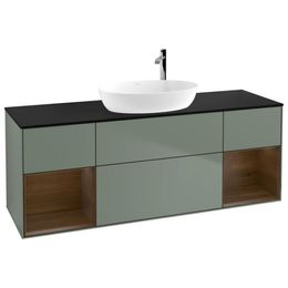 Villeroy & Boch Villeroy und Boch Finion Waschtischunterschrank F982GNGM 160cm, Abdeckplatte black matt, Regale Walnut Veneer, Olive Matt Lacquer