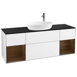 Villeroy & Boch Villeroy und Boch Finion Waschtischunterschrank F982GNGF 160cm, Abdeckplatte black matt, Regale Walnut Veneer, Glossy white lacquer
