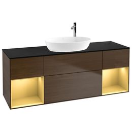 Villeroy & Boch Villeroy und Boch Finion Waschtischunterschrank F982HFGN 160cm, Abdeckplatte black matt, Regale Gold matt lacquer, Walnut veneer