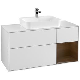 Villeroy & Boch Villeroy und Boch Finion Waschtischunterschrank G421GNMT 120cm, Abdeckplatte white matt, Emotion, Regal rechts Walnut veneer, White matt lacquer