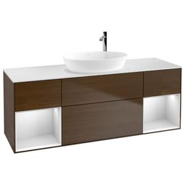 Villeroy & Boch Villeroy und Boch Finion Waschtischunterschrank F981MTGN 160cm, Abdeckplatte white matt, Regale White matt lacquer, Walnut veneer