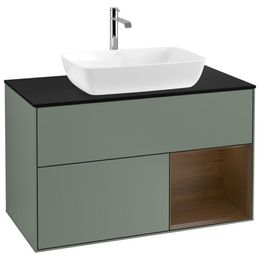Villeroy & Boch Villeroy und Boch Finion Waschtischunterschrank G782GNGM 100cm, Abdeckplatte black matt, Emotion, Regale Walnut Veneer, Olive Matt Lacquer