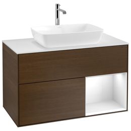 Villeroy & Boch Villeroy und Boch Finion Waschtischunterschrank G781GFGN 100cm, Abdeckplatte white matt, Emotion, Regale Glossy white lacquer, Walnut veneer