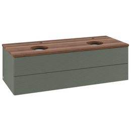 Villeroy & Boch Villeroy und Boch Antao Waschtisch-Unterschrank L24152HL mit Beleuchtung mit Struktur, 120x36x50cm, Hahnloch, Waschbeckenplattenfarbe warm walnut, leaf green matt lacquer