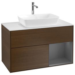 Villeroy & Boch Villeroy und Boch Finion Waschtischunterschrank G781GKGN 100cm, Abdeckplatte white matt, Emotion, Regale Anthracite matt lacquer, Walnut veneer